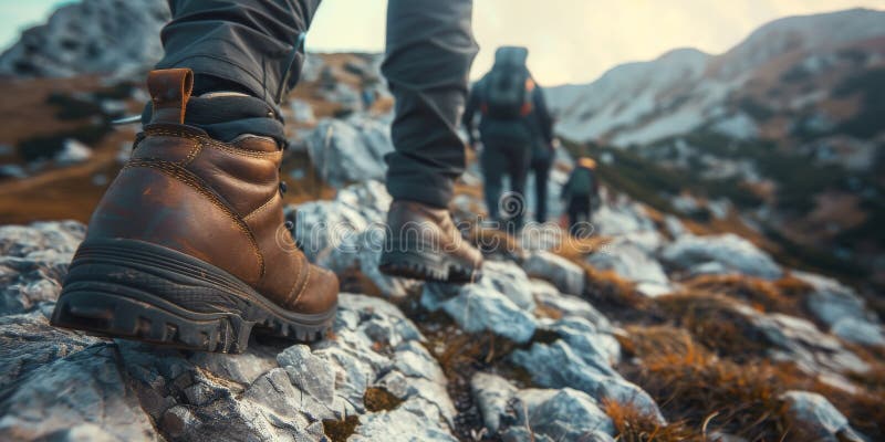 Closeup on Rugged Boots Treading a Rocky Path with a Group Journeying ...