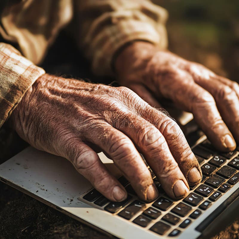 Closeup of Rugged Hardworking Hands Typing on a Laptop Outdoors Stock ...
