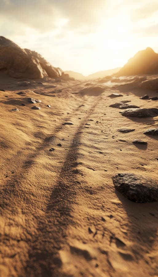 Close Up of Rugged Tire Tracks on Arid Sand with Rocks Under Warm ...