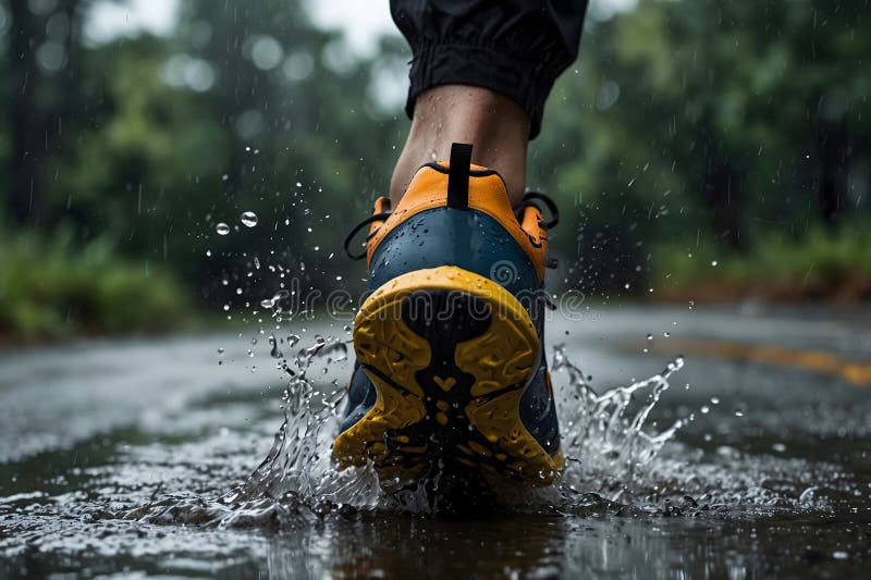 A Close-up of a Running Shoe Splashing through a Puddle, Capturing ...