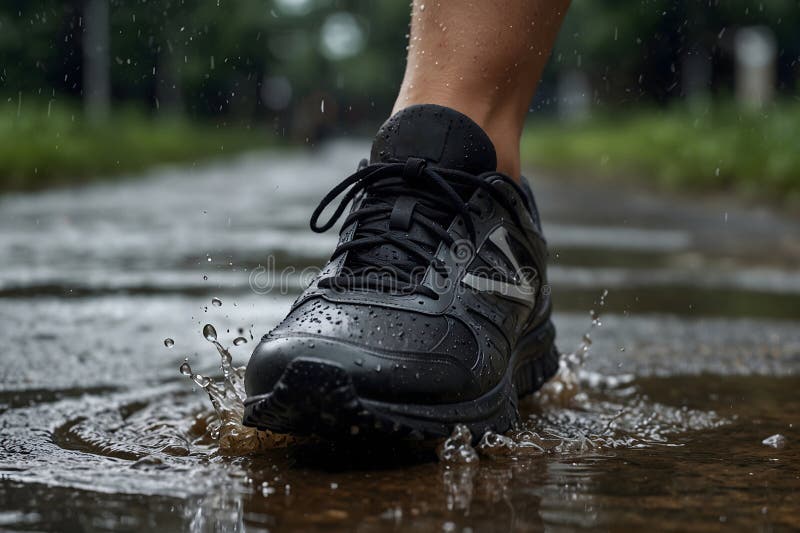 A Close-up of a Running Shoe Splashing through a Puddle, Capturing ...