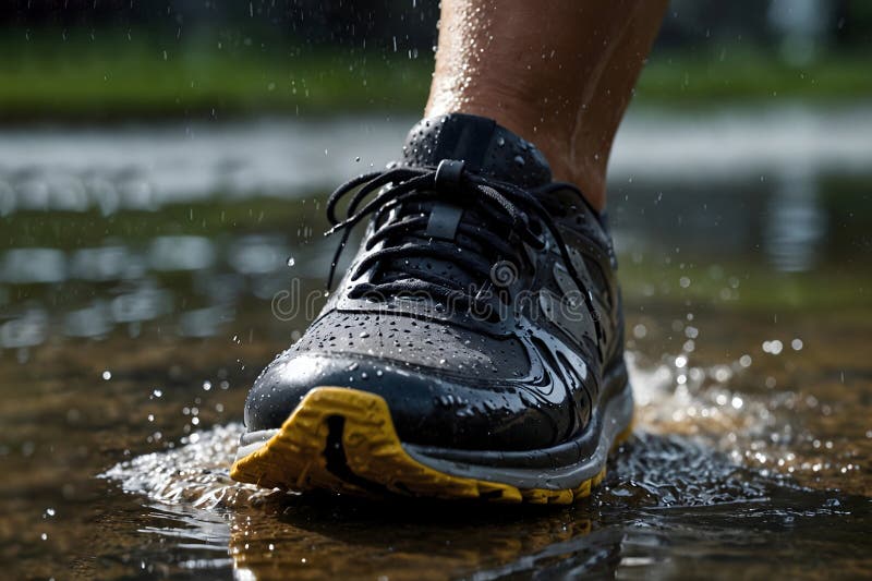 A Close-up of a Running Shoe Splashing through a Puddle, Capturing ...