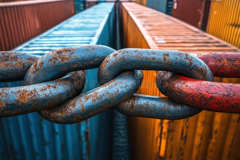 Close-up of a Rusted Chain Linking Two Shipping Containers in a Freight ...