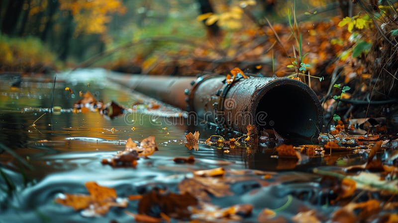 Polluted Water with a Rusted Pipe in Autumn Forest Stock Illustration ...