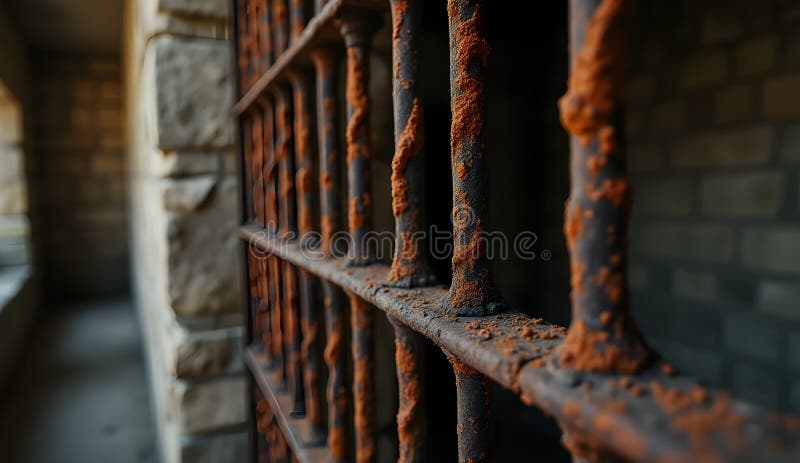 Close-up of Rusted Prison Bars with Heavy Corrosion and Rough Metal ...