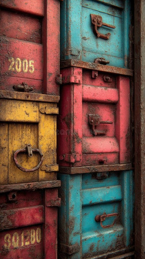 Close-Up of Rusted and Stacked Metal Shipping Containers Stock ...