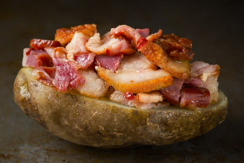 Rustic Baked Jacket Potato with Bacon Stock Image - Image of rustic ...