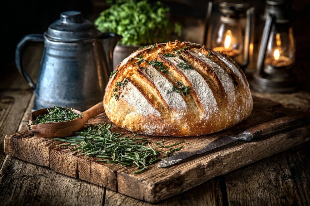 Close-Up of Rustic Bread with Rosemary and Scoring Marks on Aged Timber ...
