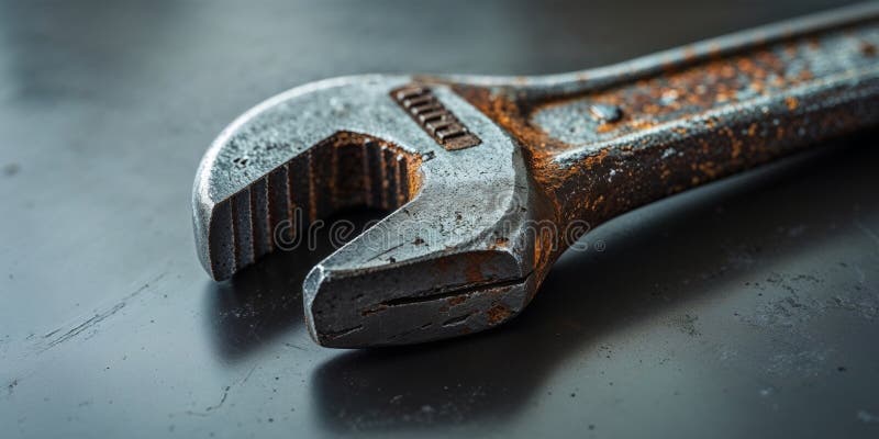 Close Up of a Rustic Metal Wrench on Dark Surface. Stock Photo - Image ...