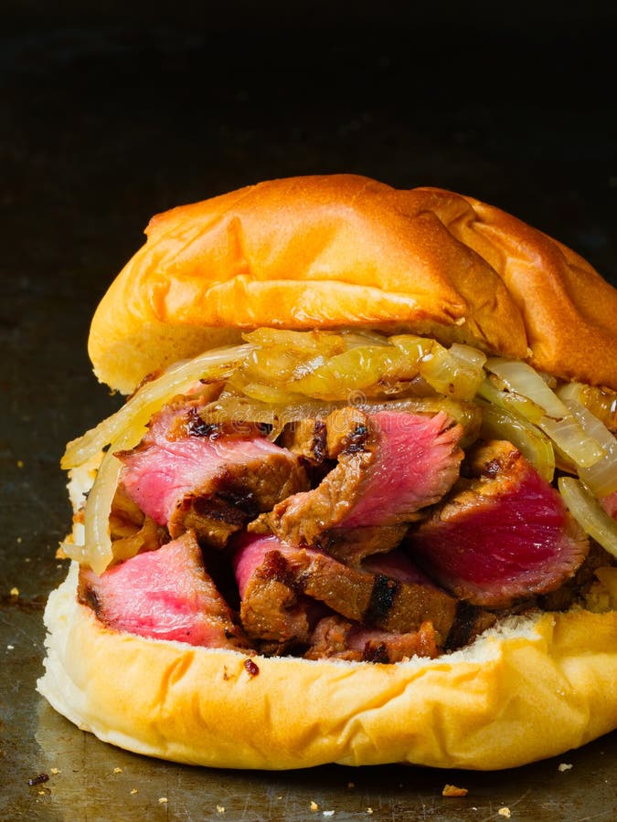 Rustic Steak Sandwich with Onions Stock Photo - Image of rare, marks ...