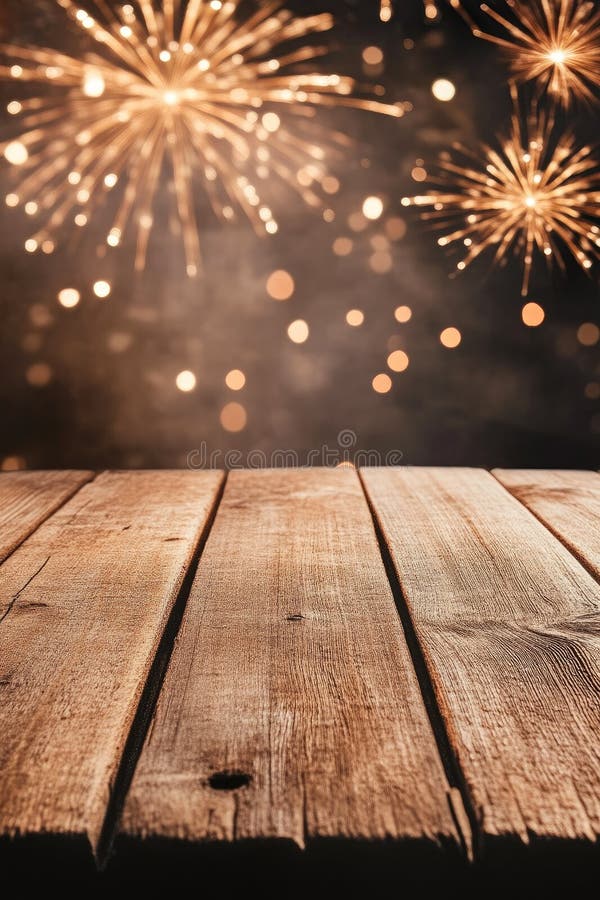 Close-Up of Rustic Table with Explosive Fireworks in Background. Stock ...
