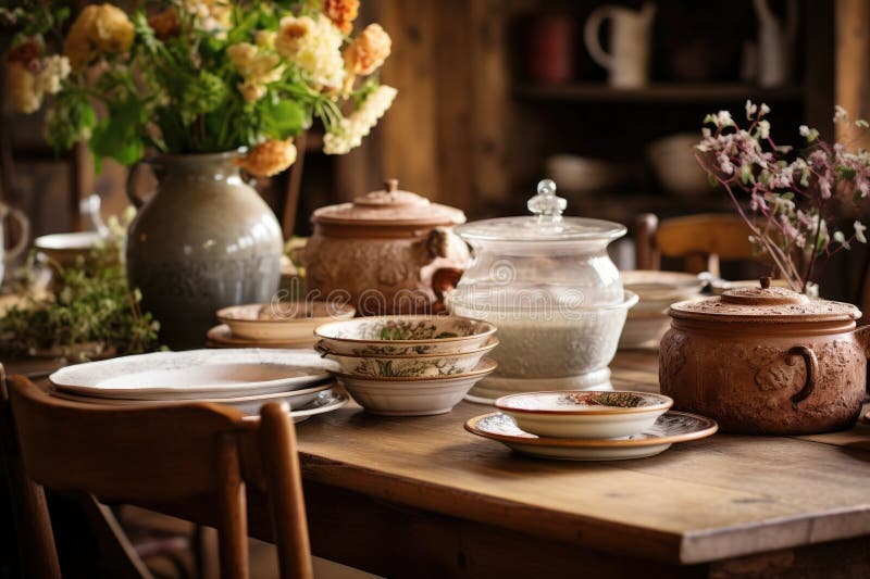 Close-up of a Rustic Wooden Dining Table Set with Vintage Crockery ...