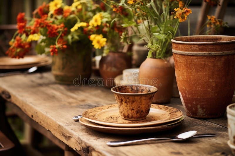 Close-up of a Rustic Wooden Dining Table Set with Vintage Crockery ...