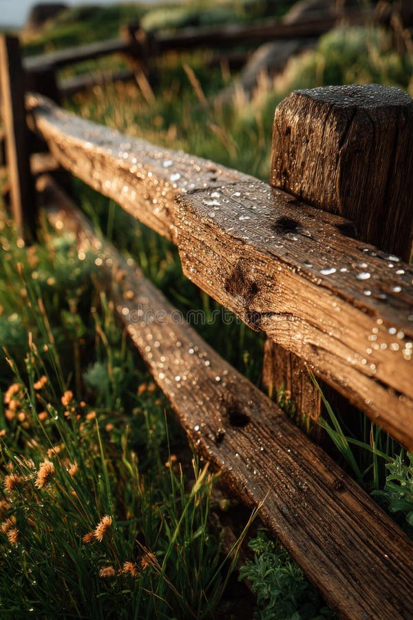 Close-Up of Rustic Wooden Fence with Morning Dew Stock Illustration ...
