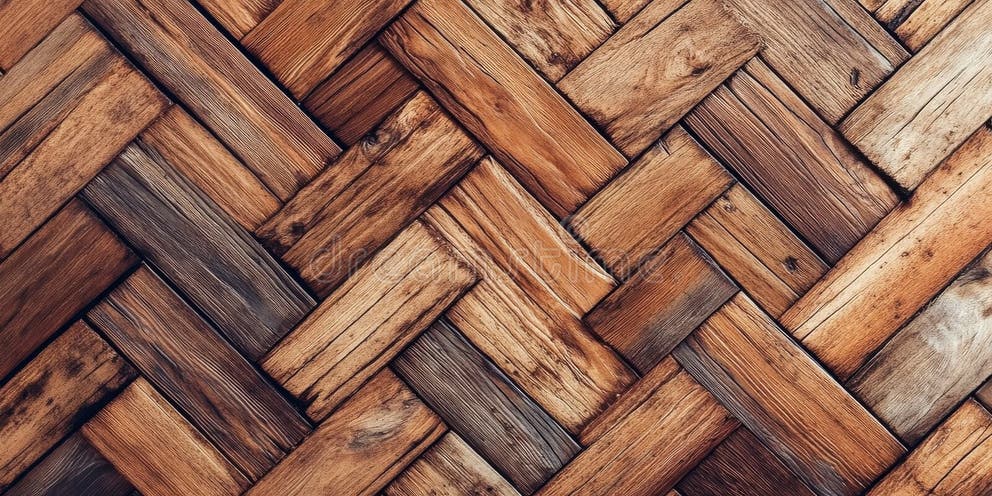 Close-up of Rustic Wooden Parquet Flooring with Interlocking Patterns ...