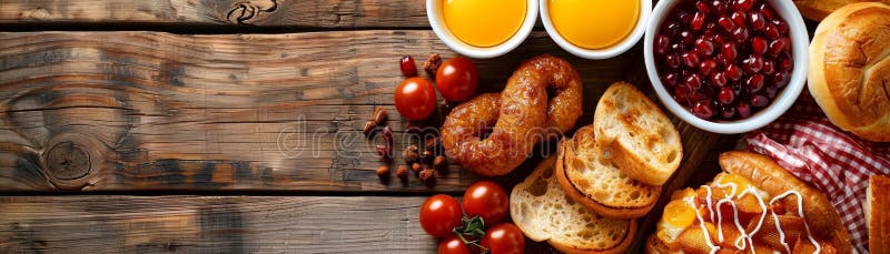 Close-up of Rustic Wooden Table with Bread, Fruit, and Dips Stock ...