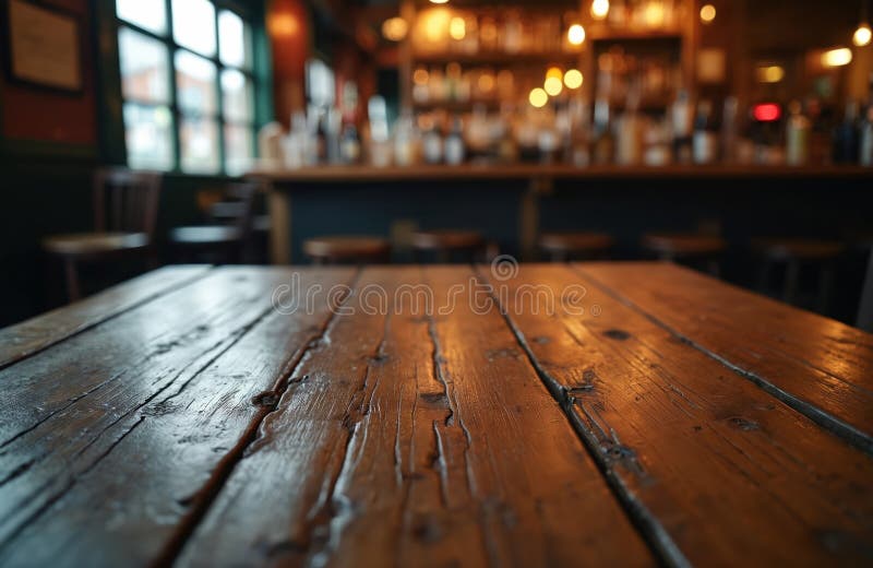 Close-up of Rustic Wooden Table in Dimly Lit Pub. Blurred Background of ...