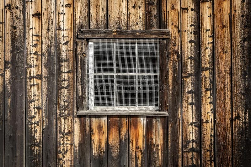 Close-up of a Rustic Wooden Wall with an Old Window Featuring a Wire ...