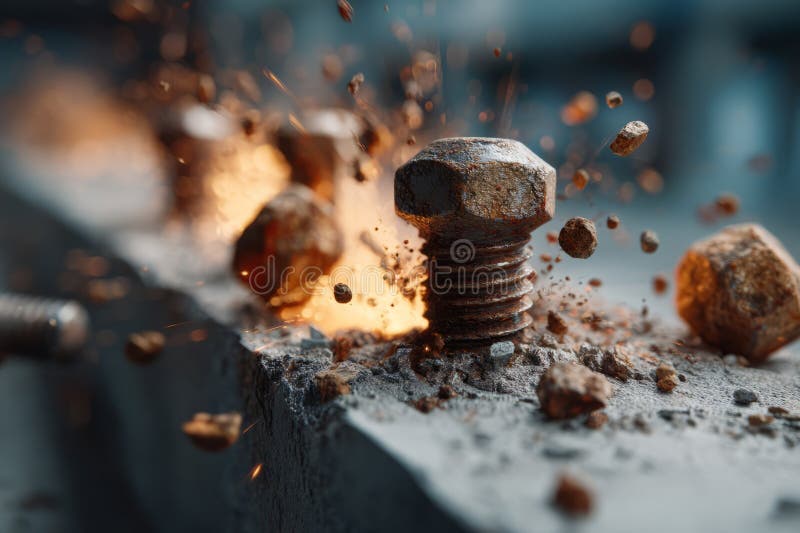 Close-Up of Rusty Bolt in Action with Sparks and Flying Debris on a ...