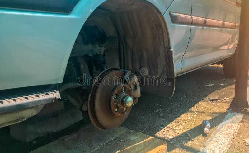 Rusty Broken Car with Missing Wheel Stock Photo - Image of close ...
