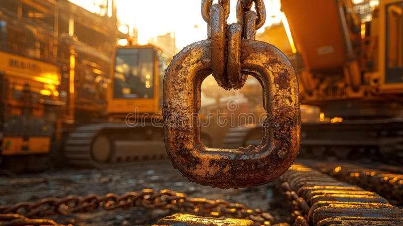 Close-up of Rusty Chain Link on Construction Site. Heavy Machinery in ...
