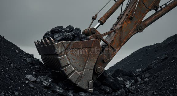 Rusty Coal Shovel Digging into a Pile of Coal in an Open-pit Mine Stock ...