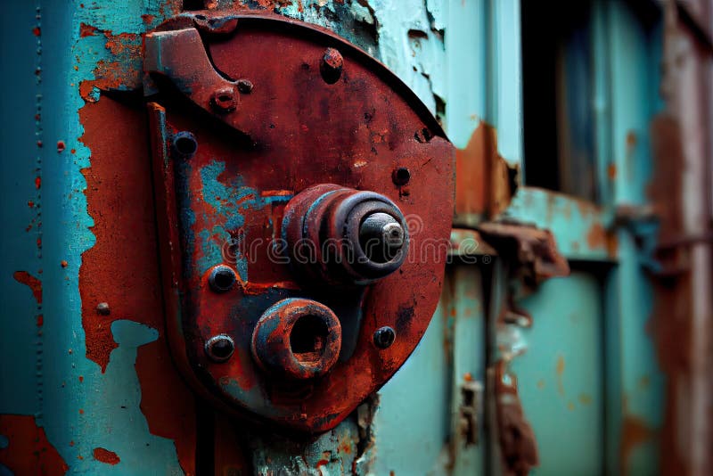 Close-up of Rusty Lock on Industrial Door, with Broken Windows and ...