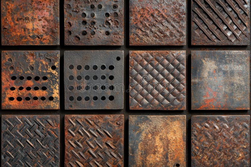 Close-up of Rusty Metal Tiles Featuring Multiple Holes and Textures ...