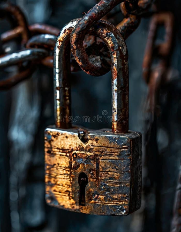 Rusty Padlock on a Chain Symbolizing Security and Neglect Stock Photo ...