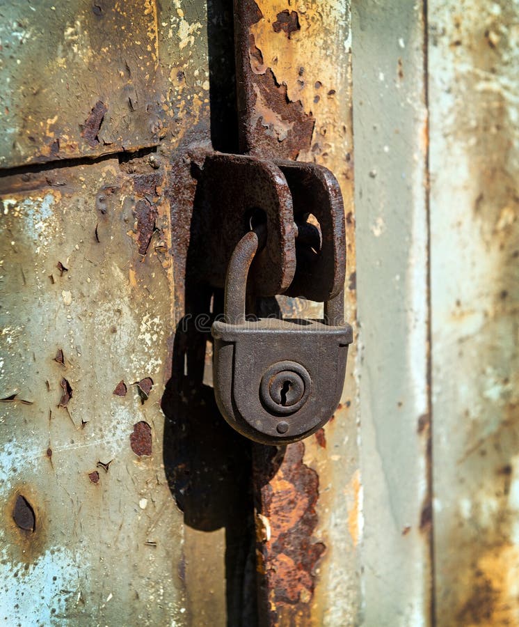 Close Up of Rusty Padlock on Old Metal Door Stock Image - Image of ...