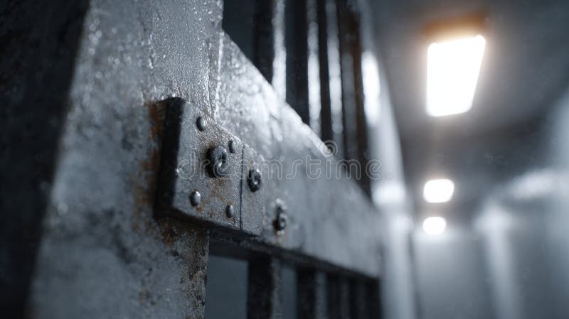 Close-Up of Rusty Prison Cell Bars in Dimly Lit Corridor. Symbolizes ...