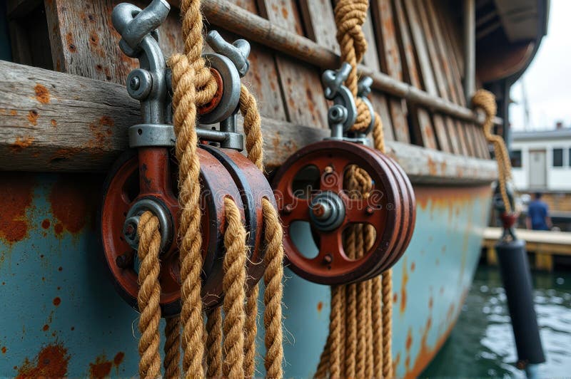 Close-up of Rusty Pulley System with Ropes on Old Wooden Ship Stock ...