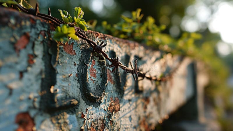 A Close Up of a Rusty Sign with Barbed Wire and Ivy Growing on it, AI ...