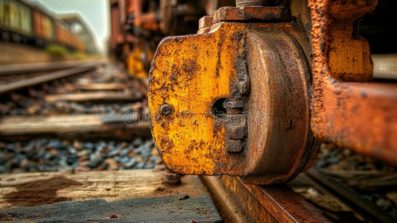 Close-Up of Rusty Train Coupler on Railroad Tracks Stock Illustration ...