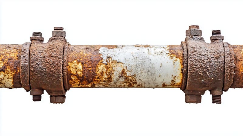 Close-up of a Rusty and Worn Water Pipe with Bolts and Brackets. the ...