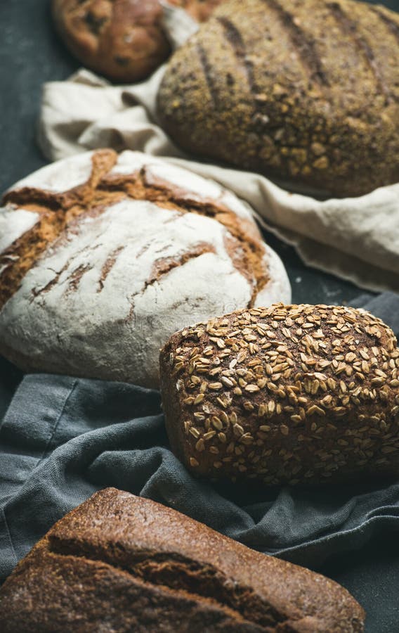 Close-up of Rye, Wheat and Multigrain Rustic Bread Loaves Stock Photo ...