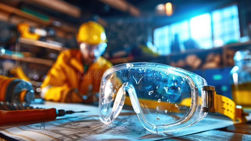Close-up of Safety Goggles in Workshop with Male Worker in Background ...