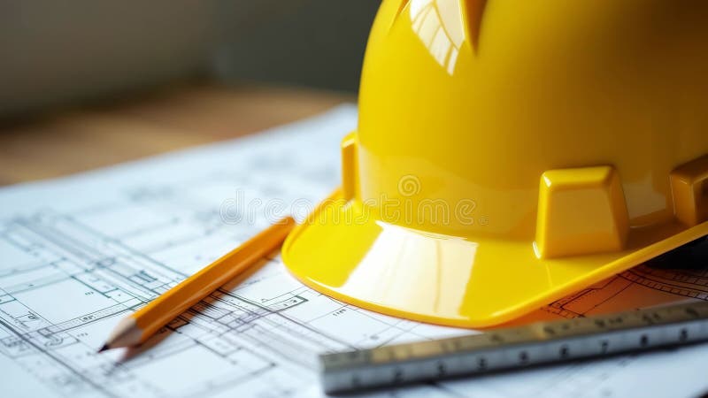 Yellow Hard Hat on Architectural Blueprint with Pencil and Ruler ...