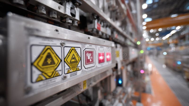 Close Up of Safety Labels on Reactor Assembly Line Emphasizing Rigorous ...