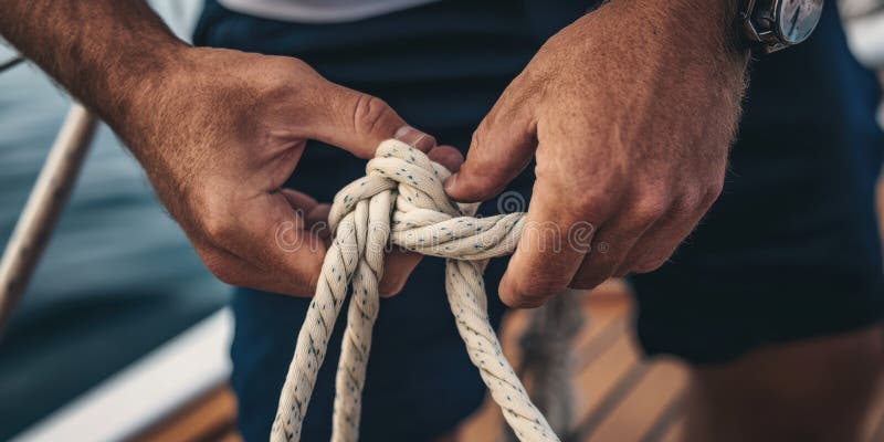 A Close-up of a Sailor S Hands Expertly Tying a Complex Knot on the ...