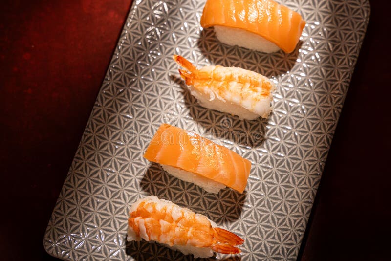 Close Up of Salmon Sushi Platter Stock Image - Image of dinner ...