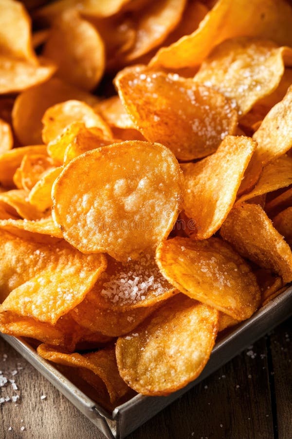 Close-up of Salted Crispy Potato Chips in a Metal Tray Stock Photo ...