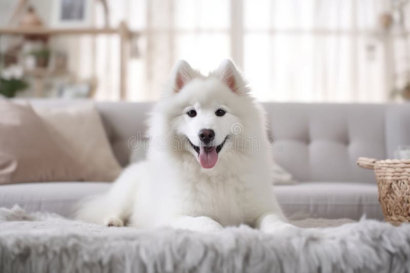 Close Up of Samoyed Dog Sit on Sofa Generative AI Stock Illustration ...