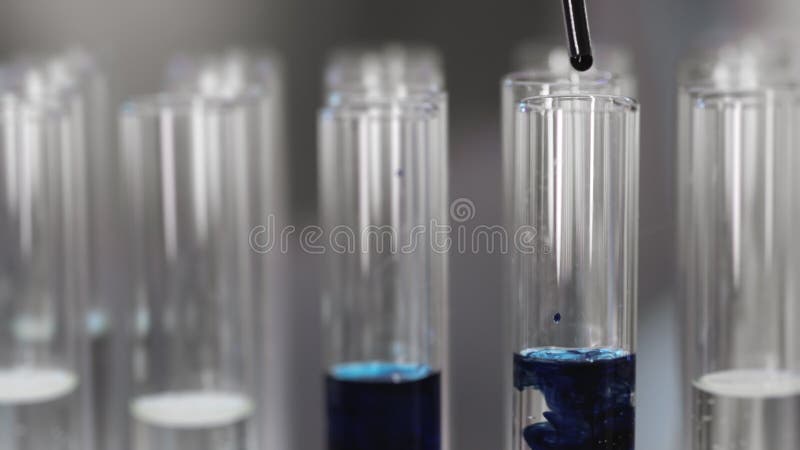 Drop of Sample of Blue Liquid into a Test Tube in the Laboratory. Stock ...