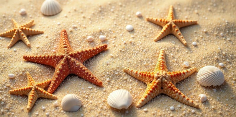 Close-up Sandy Beach Texture with Scattered Seashells Starfish Pattern ...