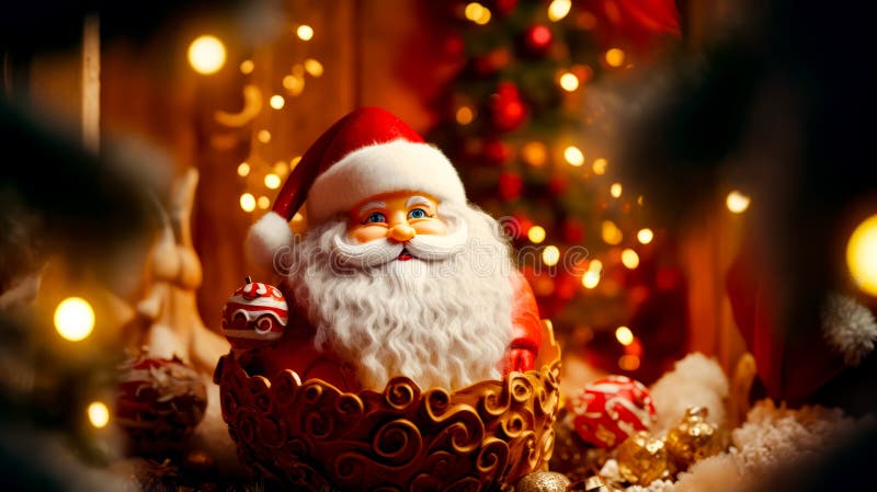 Close Up of Santa Clause Figurine Near Christmas Tree. Generative AI ...
