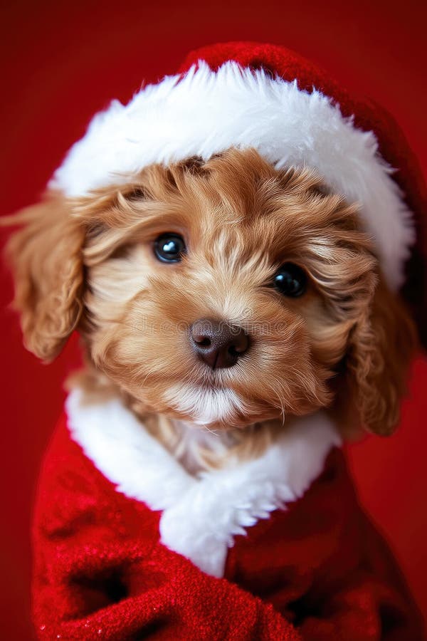 Close-Up of Santa Puppy on Vibrant Red Background. Stock Illustration ...
