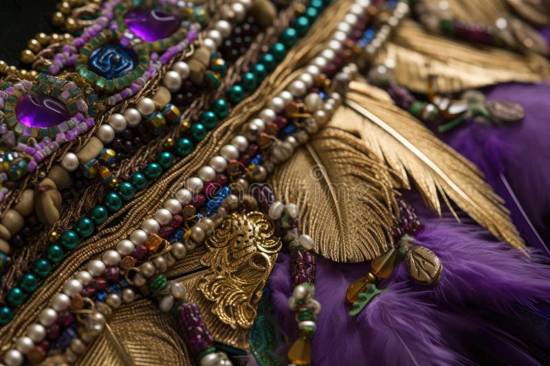 Close-up of Sash on Mardi Gras Card, with Intricate Beadwork and Fringe ...