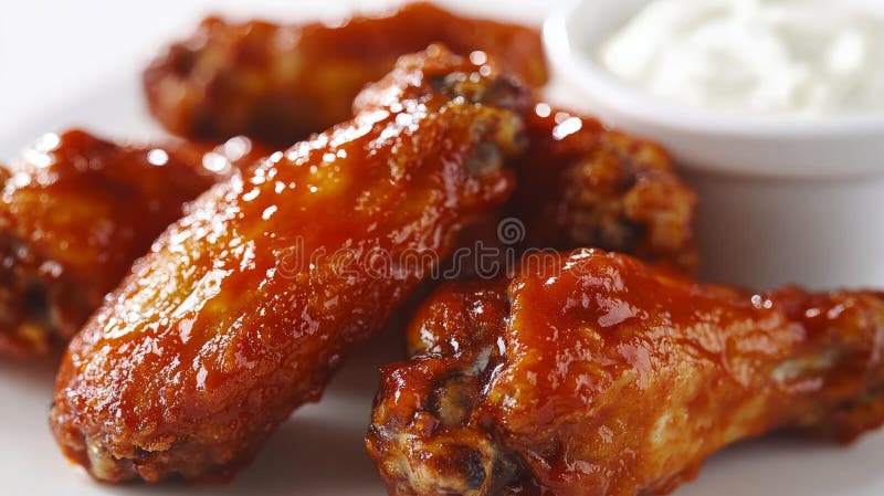 Close-up of Saucy, Spicy Chicken Wings with Dip. Stock Photo - Image of ...