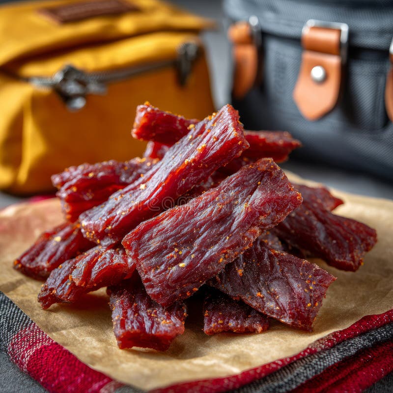 Close-up of Savory Beef Jerky on Rustic Table Setting. Stock Photo - Image of texture, flavorful ...